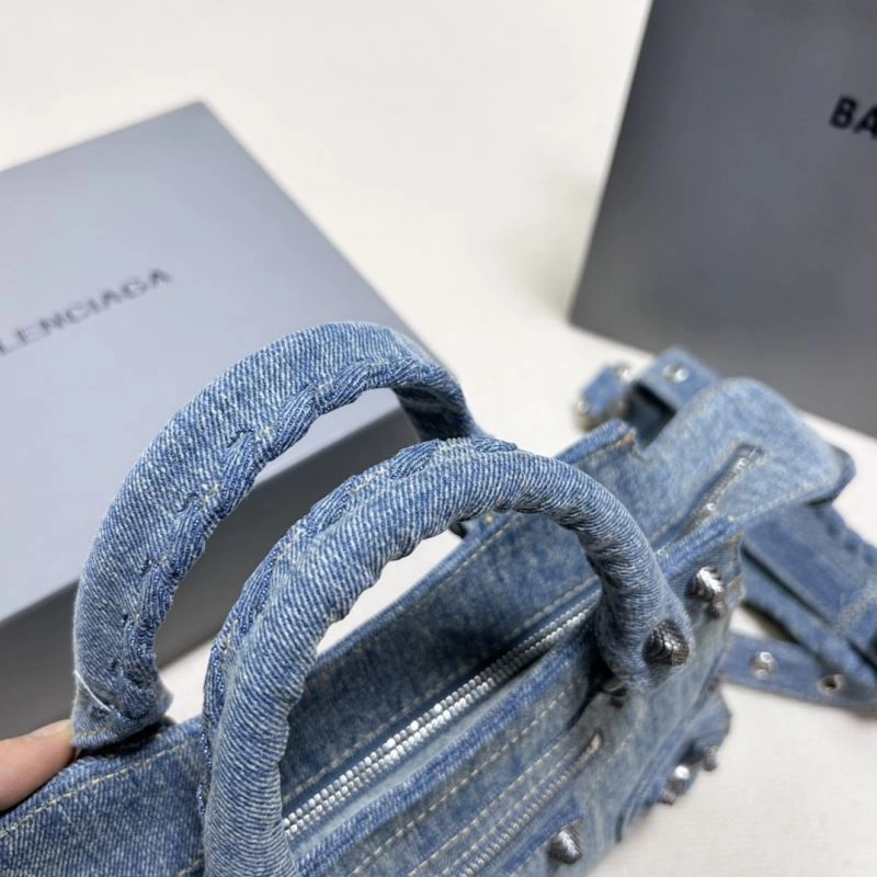 Factory-made Balenciaga Denim Blue Cagole Motorcycle Bag with Rhinestones - XS Size