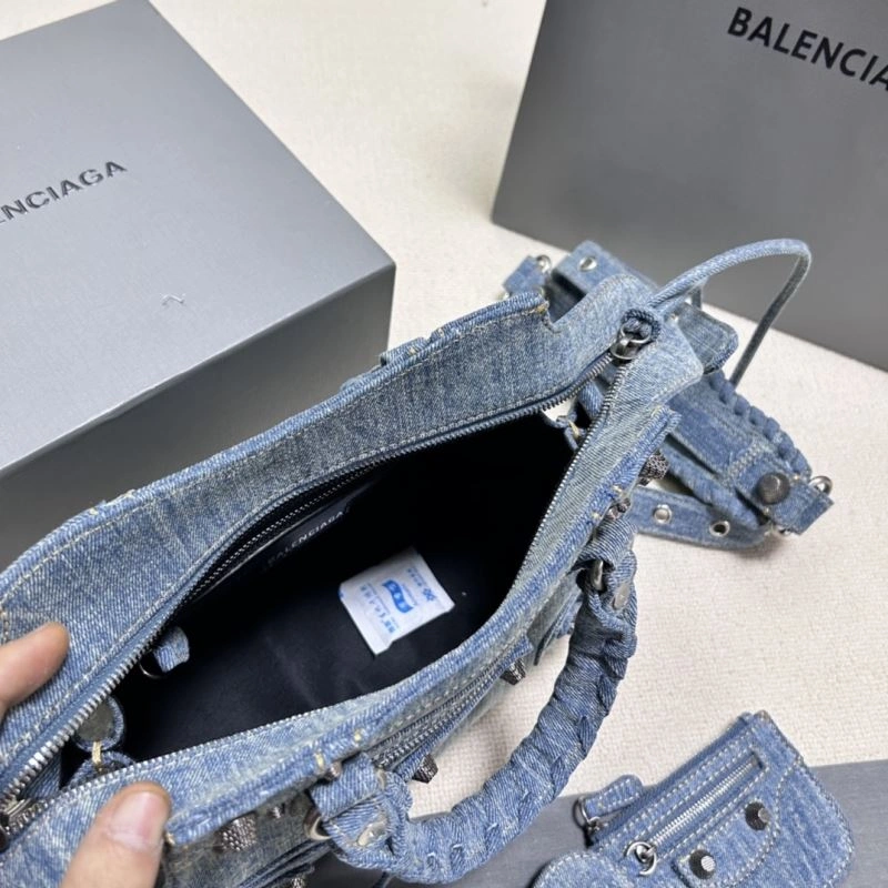 Factory-made Balenciaga Denim Blue Cagole Motorcycle Bag with Rhinestones - XS Size