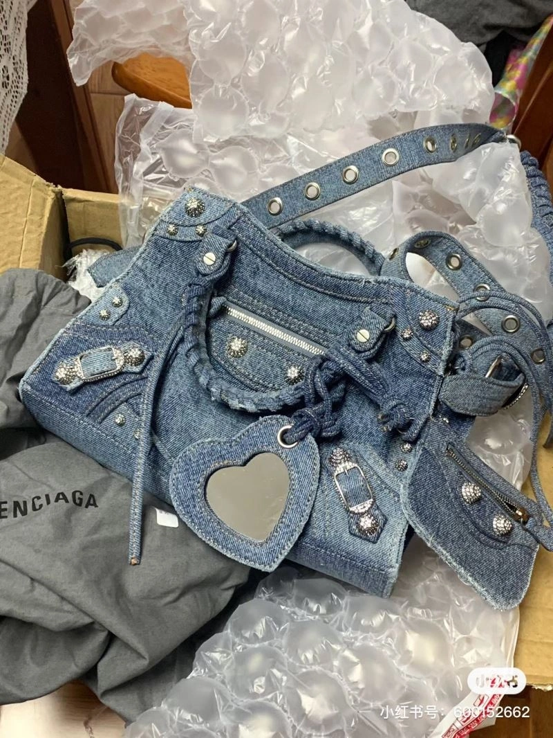 Factory-made Balenciaga Denim Blue Cagole Motorcycle Bag with Rhinestones - XS Size