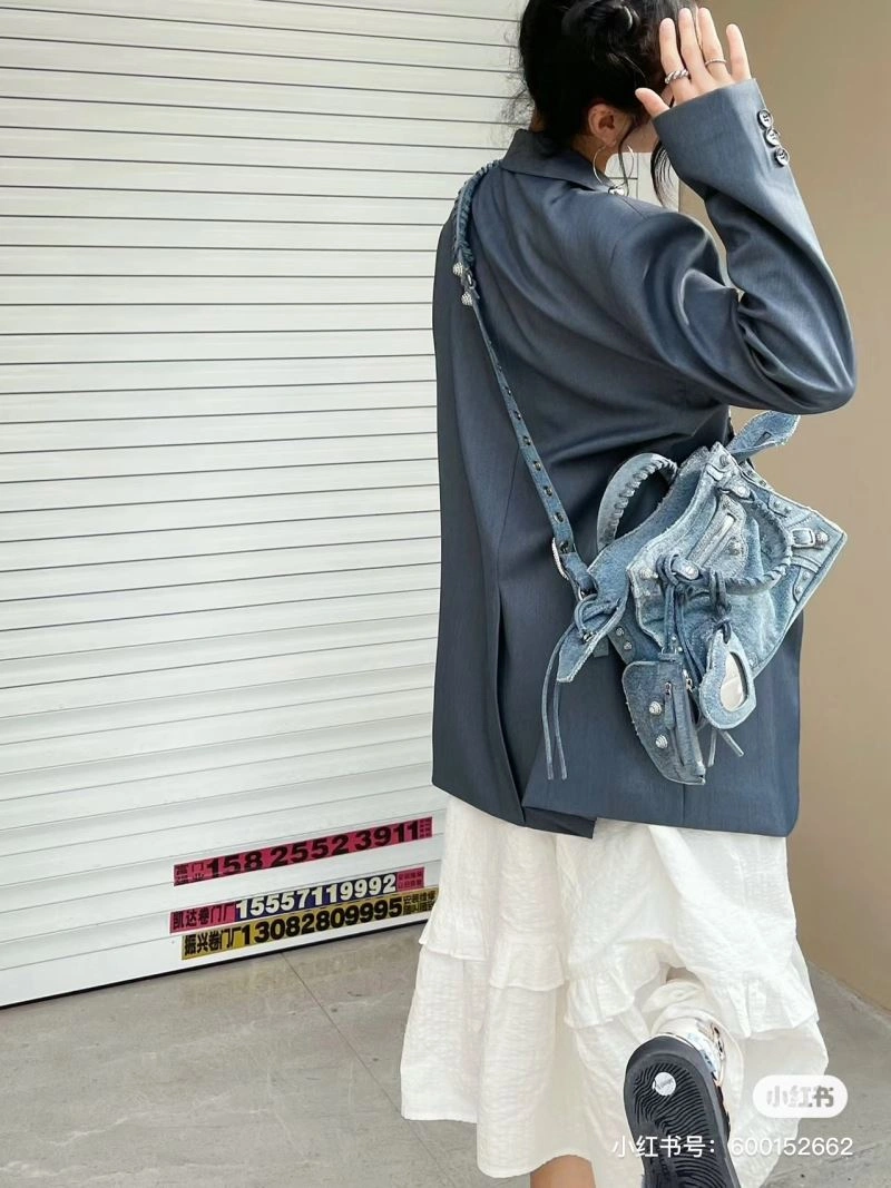 Factory-made Balenciaga Denim Blue Cagole Motorcycle Bag with Rhinestones - XS Size
