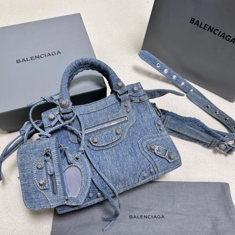 Balenciaga Denim Blue Neo Cagole Motorcycle Bag with Rhinestones