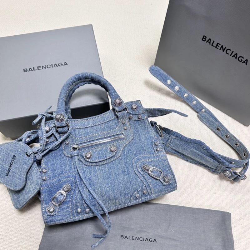 Official Balenciaga Denim Blue Neo Cagole Motorcycle Bag with Rhinestones