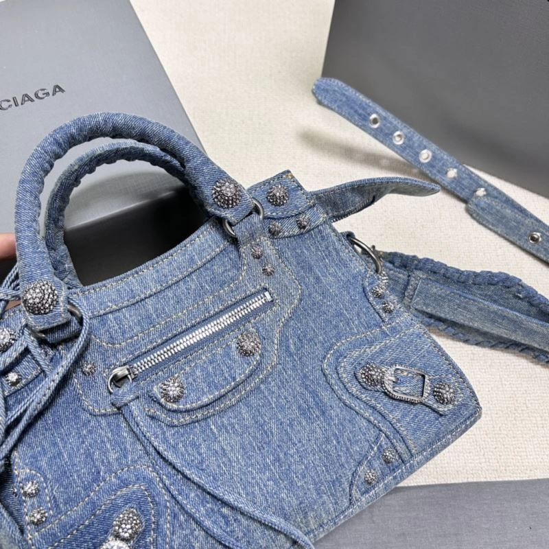 Official Balenciaga Denim Blue Neo Cagole Motorcycle Bag with Rhinestones