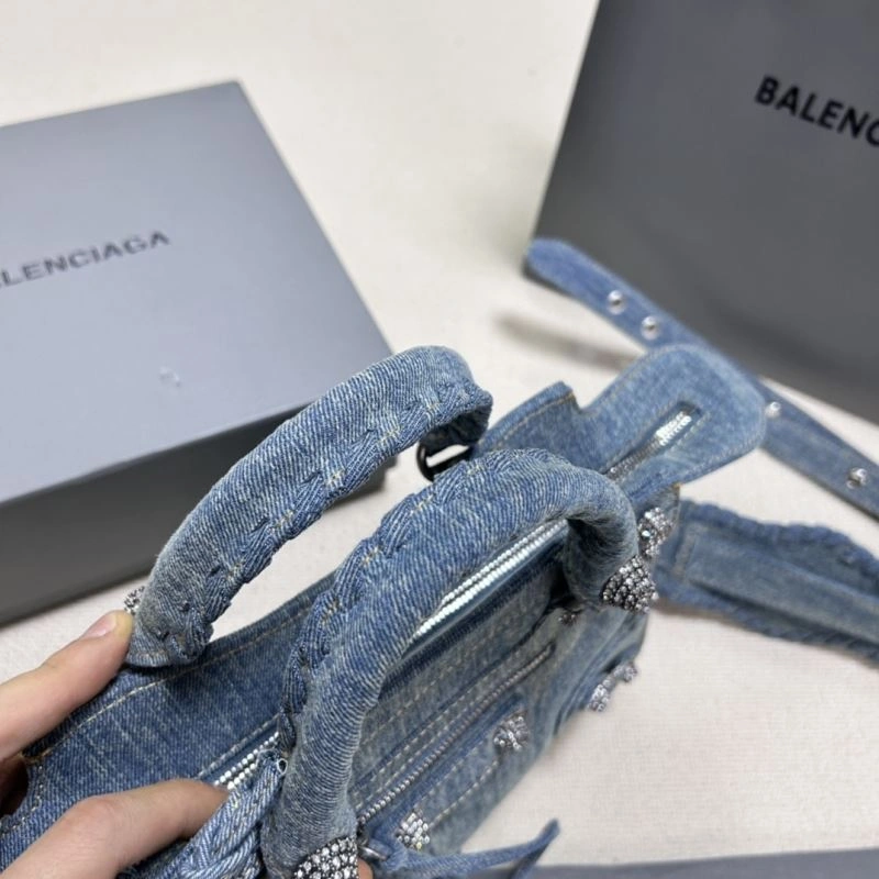 Official Balenciaga Denim Blue Neo Cagole Motorcycle Bag with Rhinestones