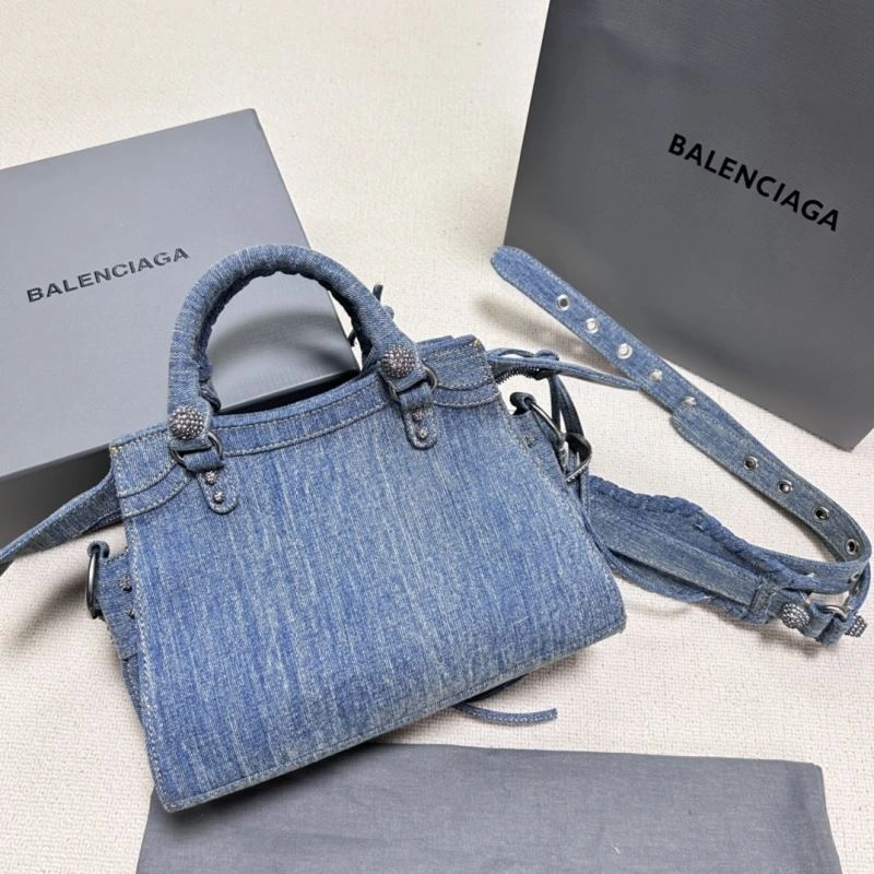 Official Balenciaga Denim Blue Neo Cagole Motorcycle Bag with Rhinestones