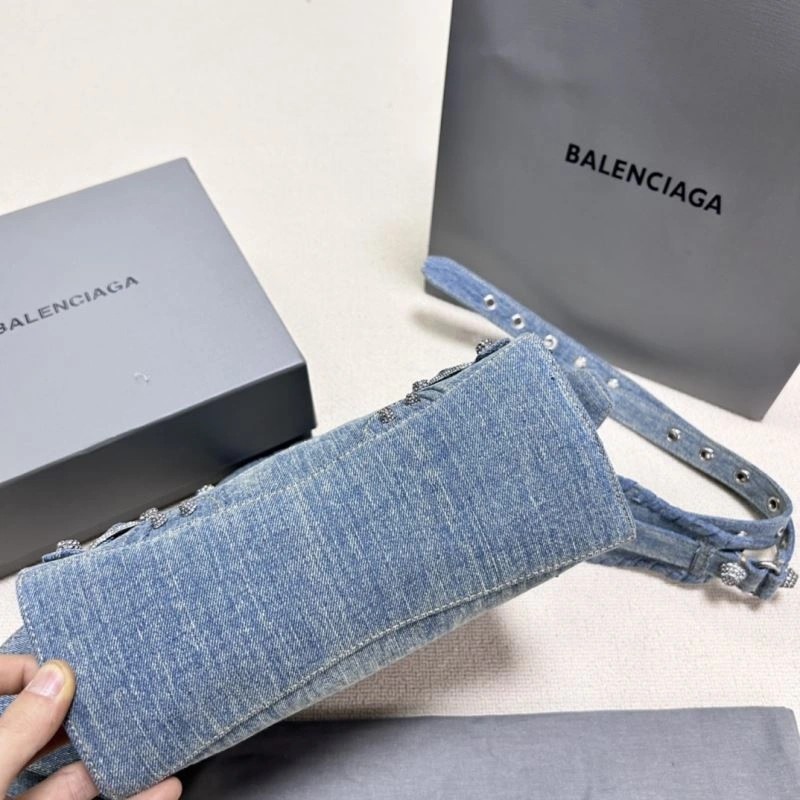 Official Balenciaga Denim Blue Neo Cagole Motorcycle Bag with Rhinestones