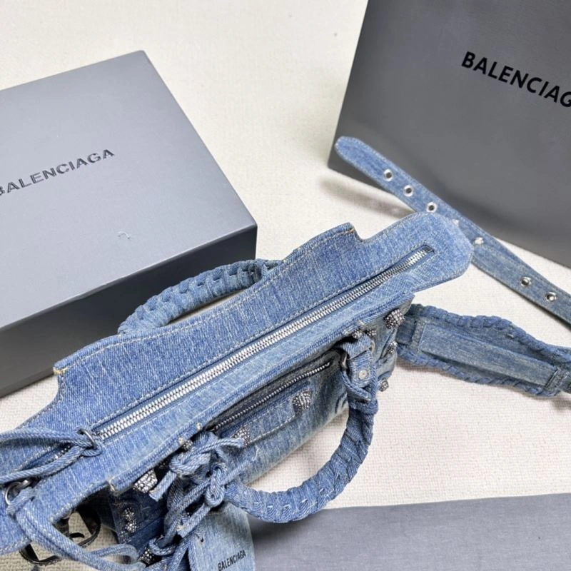 Official Balenciaga Denim Blue Neo Cagole Motorcycle Bag with Rhinestones