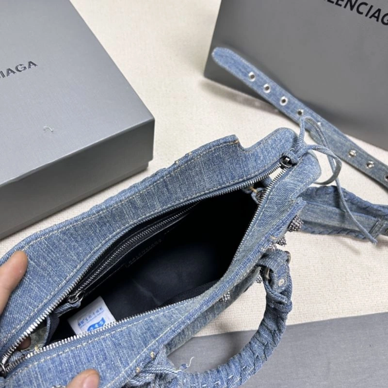 Official Balenciaga Denim Blue Neo Cagole Motorcycle Bag with Rhinestones