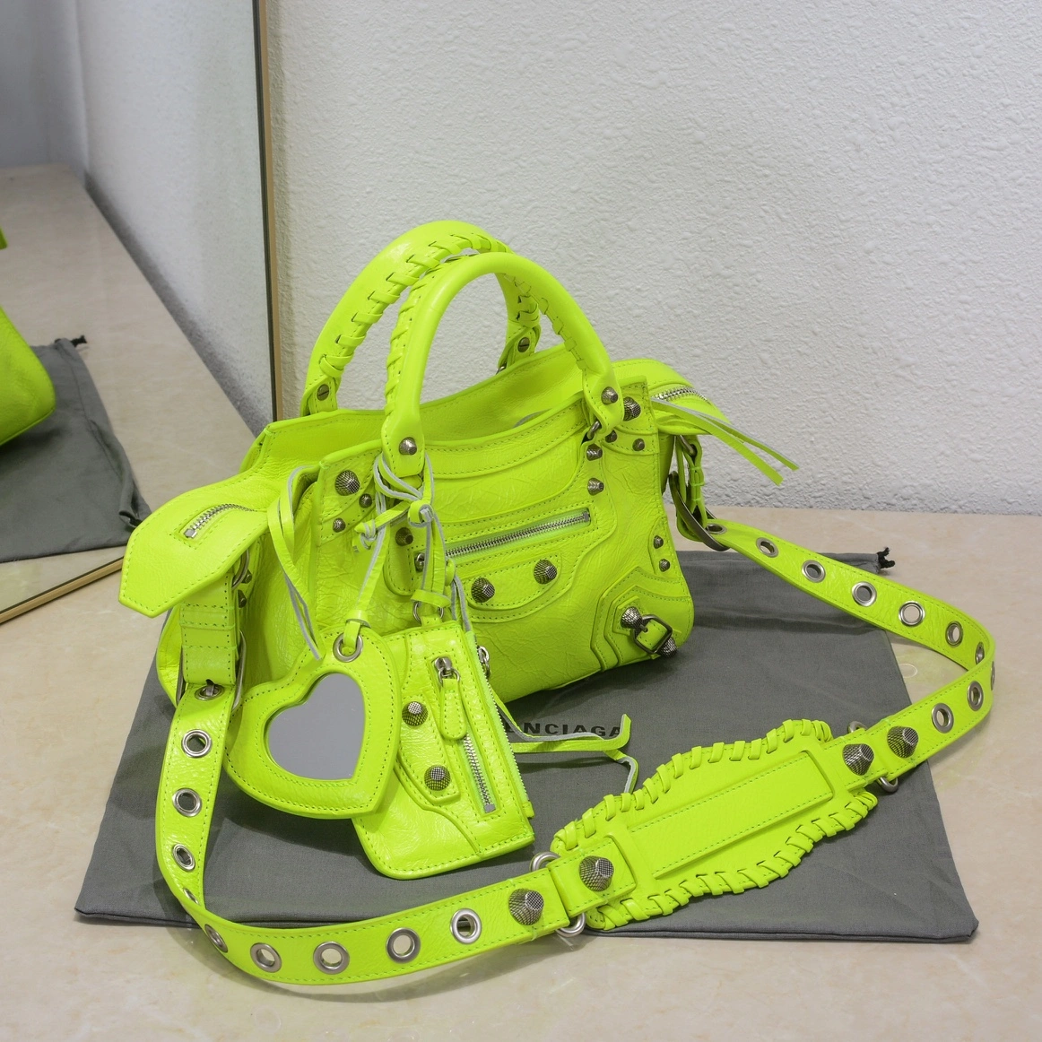 Balenciaga Fluorescent Green Neo Cagole Heart Mirror Bag