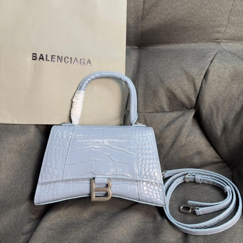 Balenciaga Fog Blue Crocodile Hourglass Bag with Silver Buckle