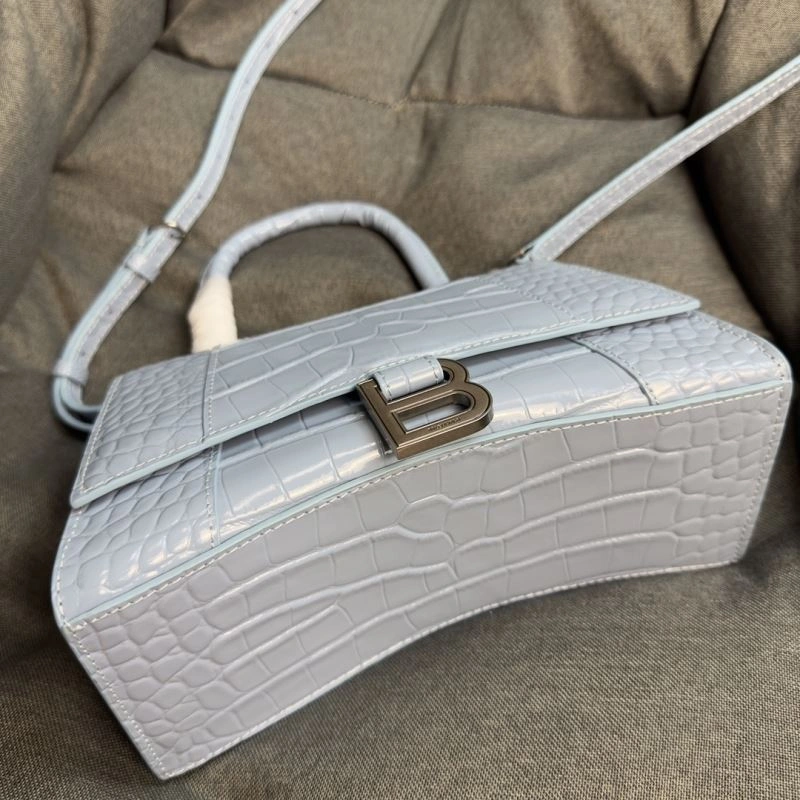 Brand-original Balenciaga Fog Blue Crocodile Hourglass Bag with Silver Buckle