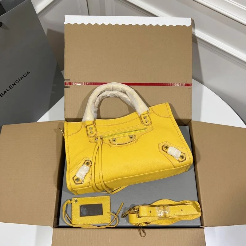 Real Balenciaga Goat Leather Motorcycle Bag - Gold Buckle Yellow 30cm