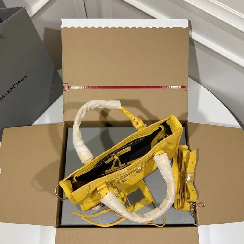 Real Balenciaga Goat Leather Motorcycle Bag - Gold Buckle Yellow 30cm