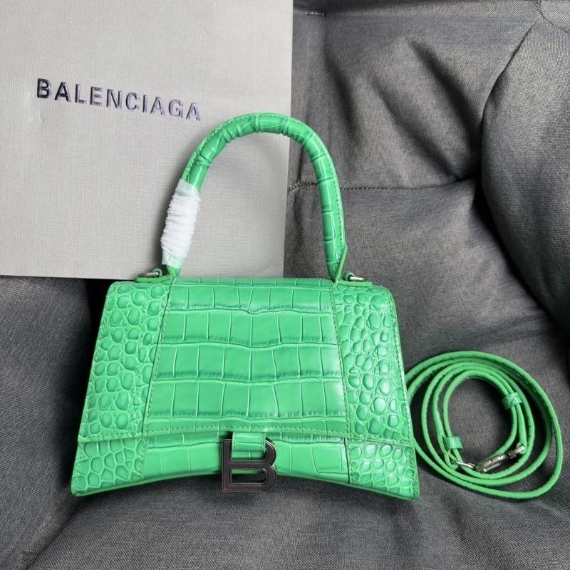 Balenciaga Grass Green Crocodile Pattern Hourglass Bag with Silver Buckle