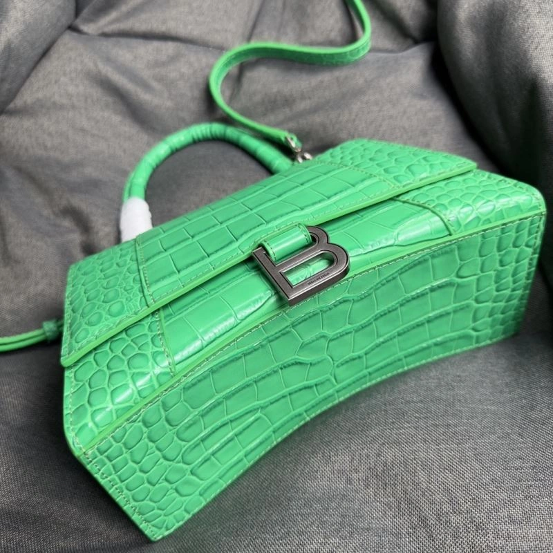 Legit Balenciaga Grass Green Crocodile Pattern Hourglass Bag with Silver Buckle