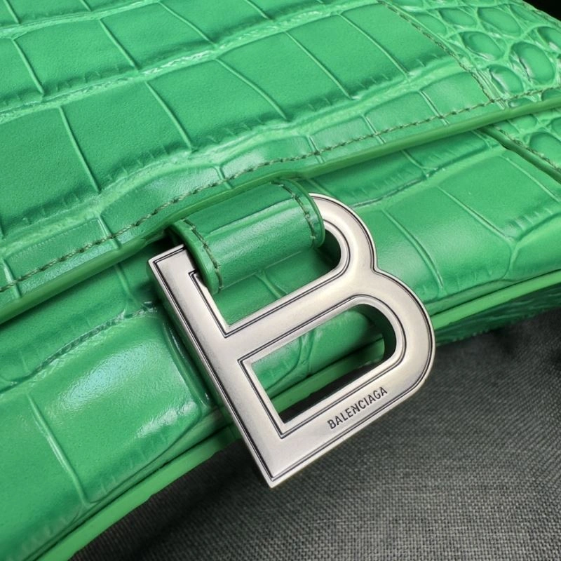 Legit Balenciaga Grass Green Crocodile Pattern Hourglass Bag with Silver Buckle