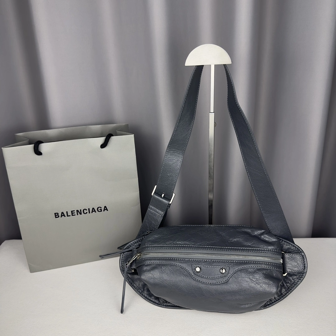Balenciaga Gray Cracked Lambskin Motorcycle Chest Bag