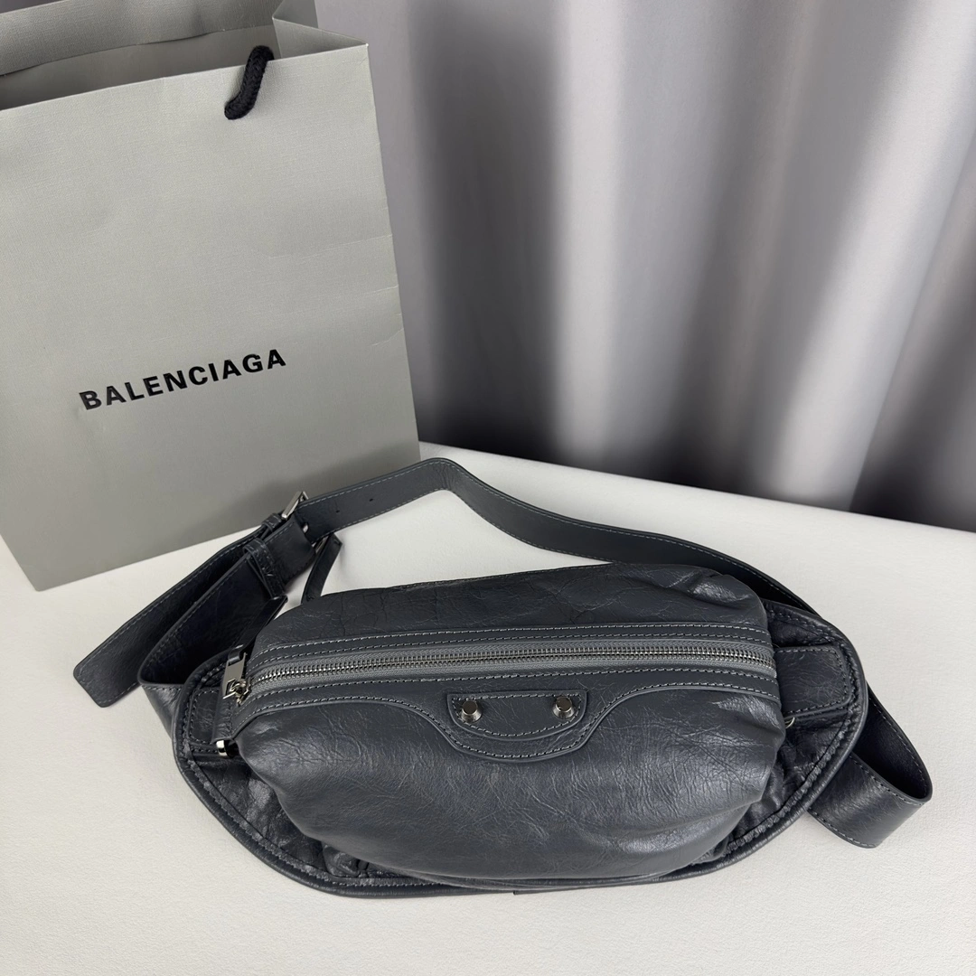 Top match Balenciaga Gray Cracked Lambskin Motorcycle Chest Bag