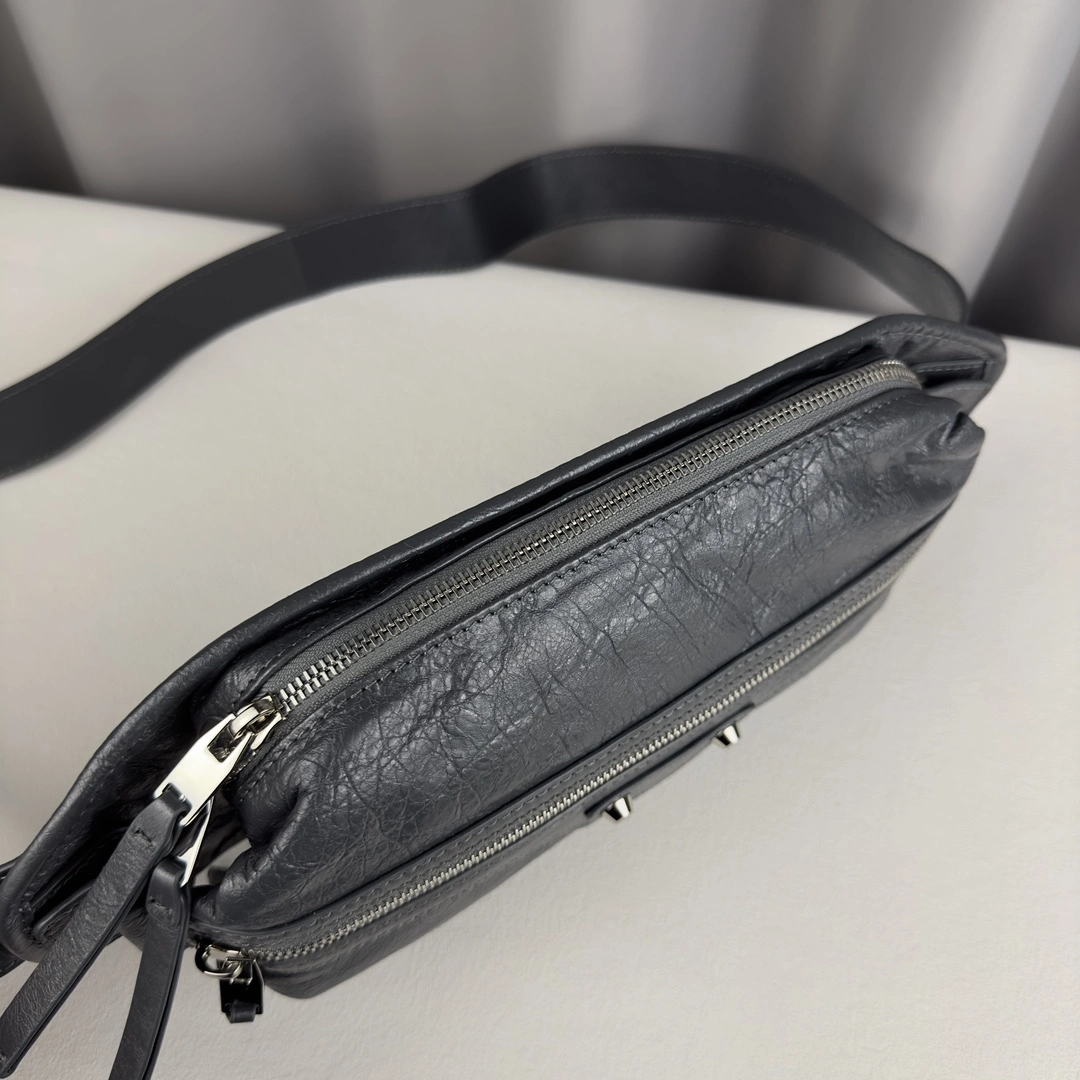Top match Balenciaga Gray Cracked Lambskin Motorcycle Chest Bag