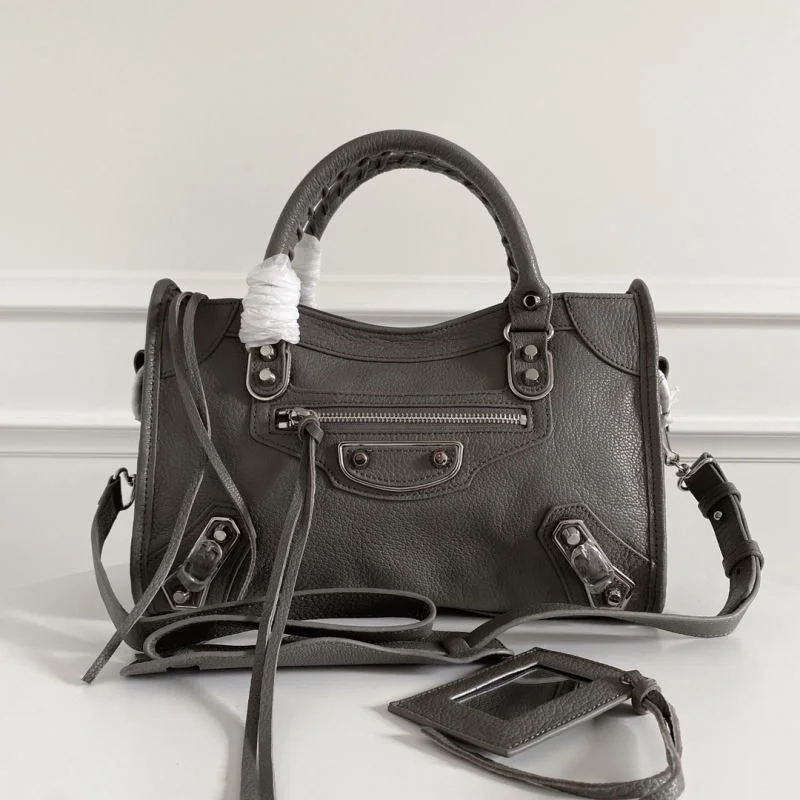Balenciaga Gray Goatskin Motorcycle Bag with Silver Studs
