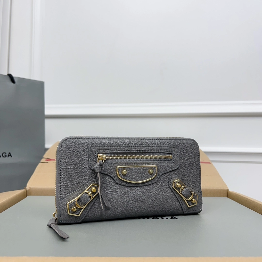 Balenciaga Gray Retro Zip Goat Leather Motorcycle Wallet