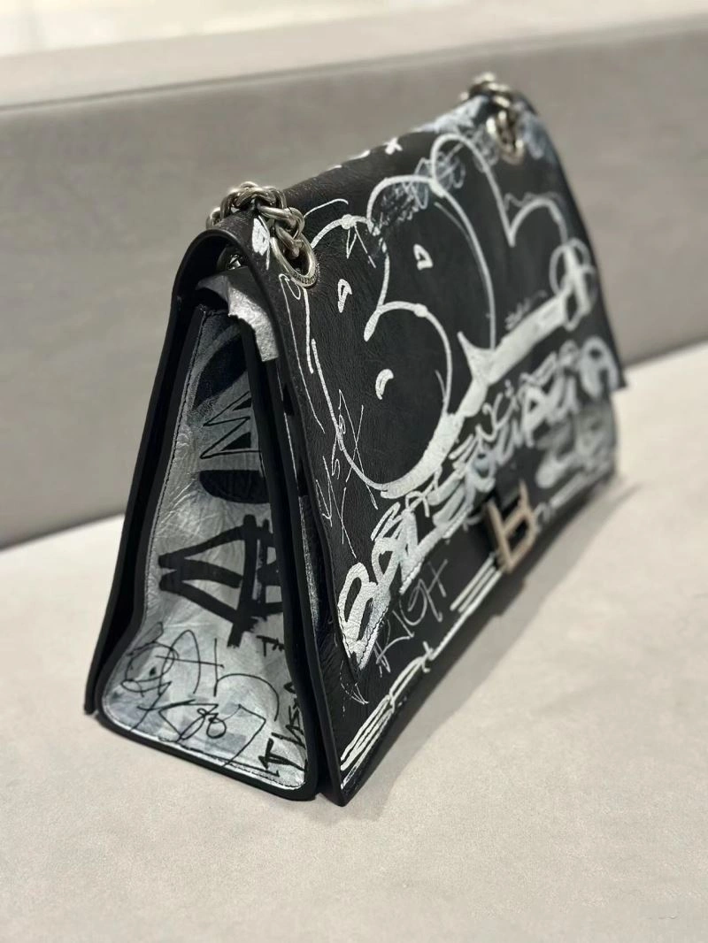 Exact replica Balenciaga Hand-Painted Black Cracked Sheepskin Graffiti Bag