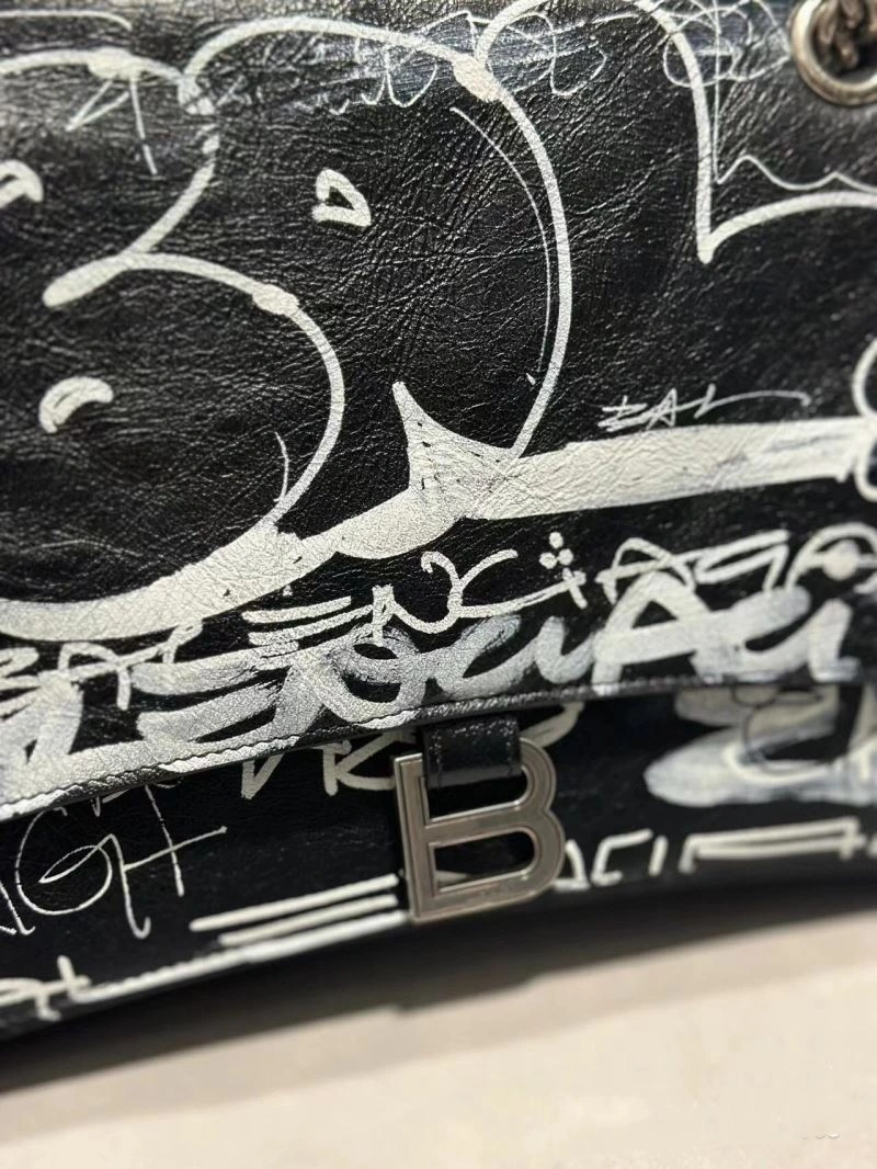 Exact replica Balenciaga Hand-Painted Black Cracked Sheepskin Graffiti Bag