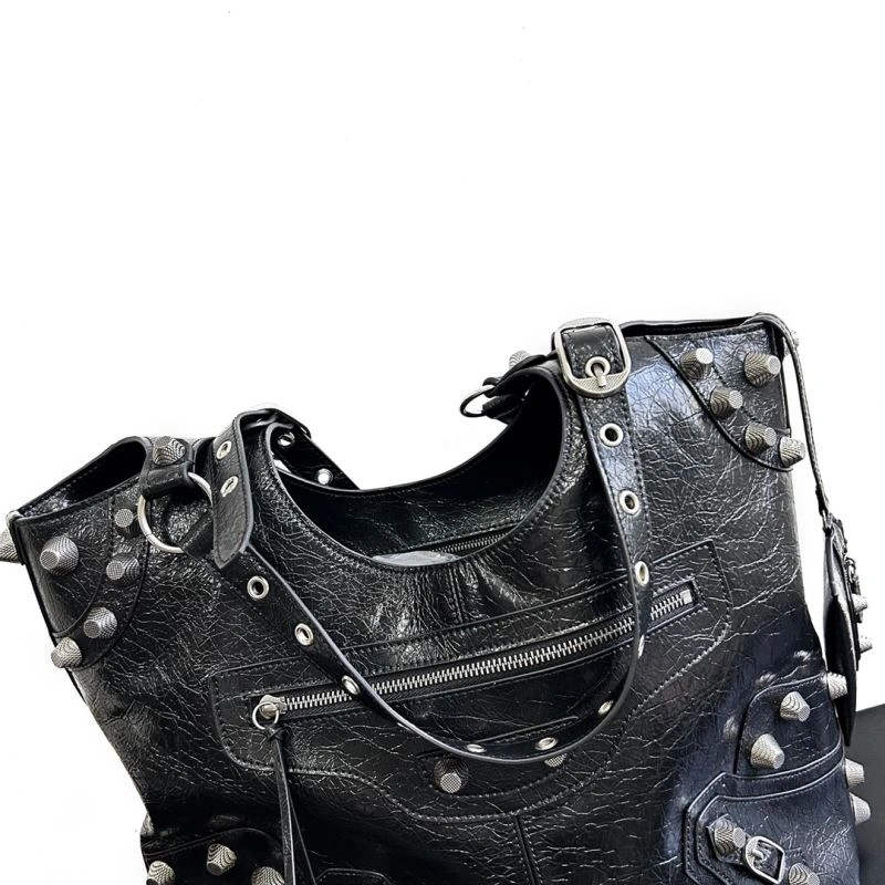 Brand-authenticated Balenciaga High-Quality Leather Motorcycle-Inspired Large Tote Bag