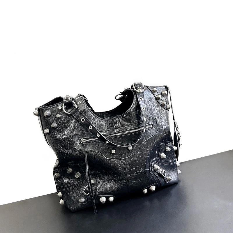 Brand-authenticated Balenciaga High-Quality Leather Motorcycle-Inspired Large Tote Bag