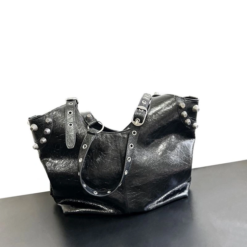 Brand-authenticated Balenciaga High-Quality Leather Motorcycle-Inspired Large Tote Bag