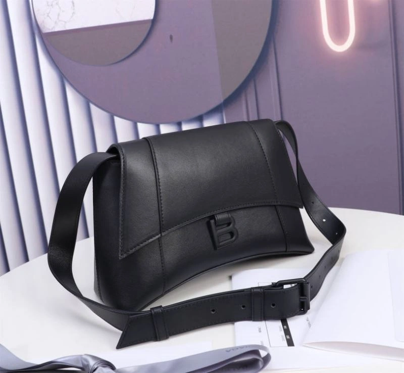 Legit Balenciaga Hourglass Arc Black Gun Bag with Embossed Cowhide Texture