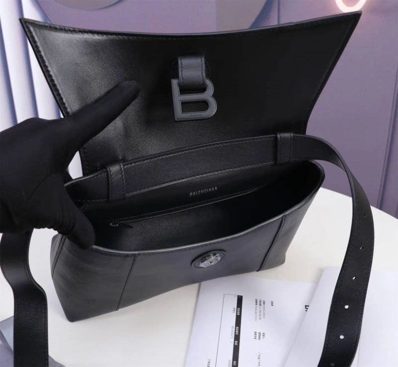 Legit Balenciaga Hourglass Arc Black Gun Bag with Embossed Cowhide Texture