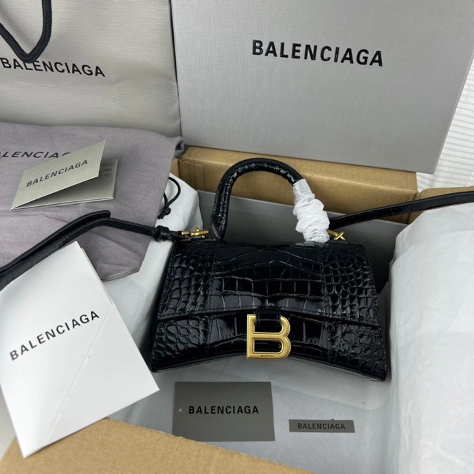 Balenciaga Hourglass Bag - Crocodile Pattern with Gold Buckle