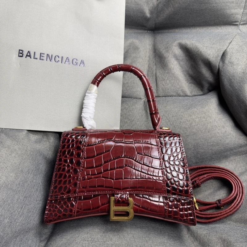 Balenciaga Hourglass Crocodile Bag in Burgundy with Gold Buckle