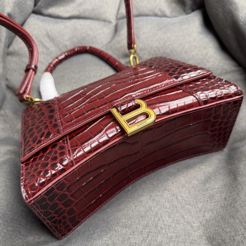 Indistinguishable Balenciaga Hourglass Crocodile Bag in Burgundy with Gold Buckle
