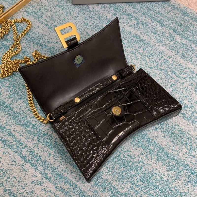 Brand-original Balenciaga Hourglass Crocodile Chain Bag in Black Gold