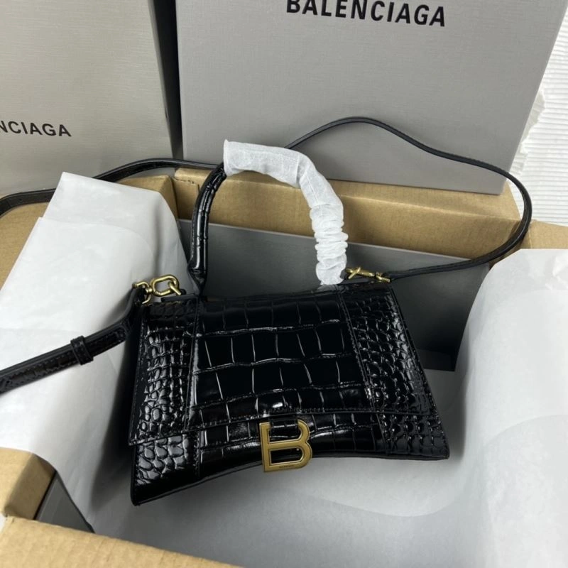 Balenciaga Hourglass Crocodile Pattern Bag with Gold Buckle