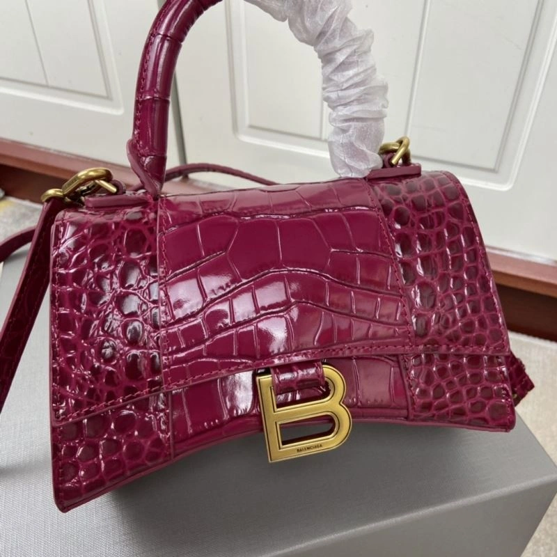 Genuine Balenciaga Hourglass Crocodile-Pattern Cherry Red Bag