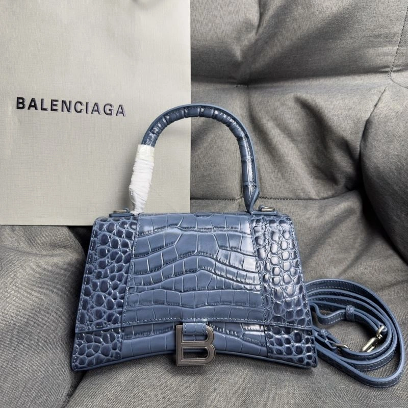 Balenciaga Hourglass Gray Crocodile Pattern Bag with Silver Buckle