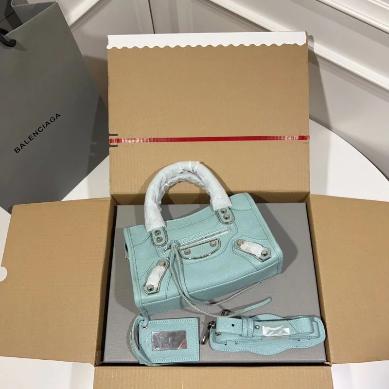 Genuine Balenciaga Lake Blue Goat Leather Motorcycle Bag with Mirror