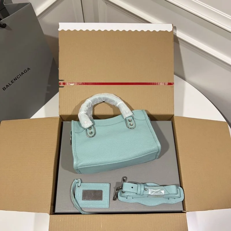 Genuine Balenciaga Lake Blue Goat Leather Motorcycle Bag with Mirror