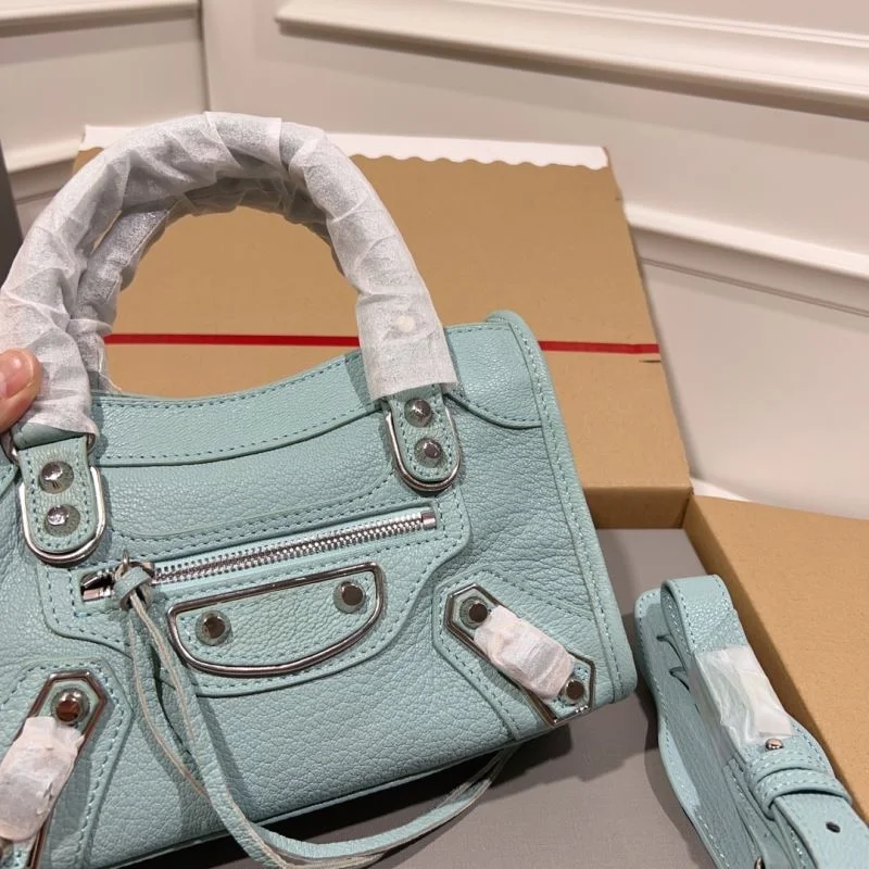 Genuine Balenciaga Lake Blue Goat Leather Motorcycle Bag with Mirror