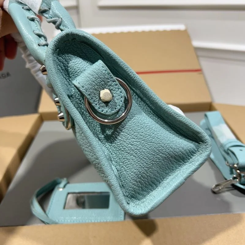 Genuine Balenciaga Lake Blue Goat Leather Motorcycle Bag with Mirror