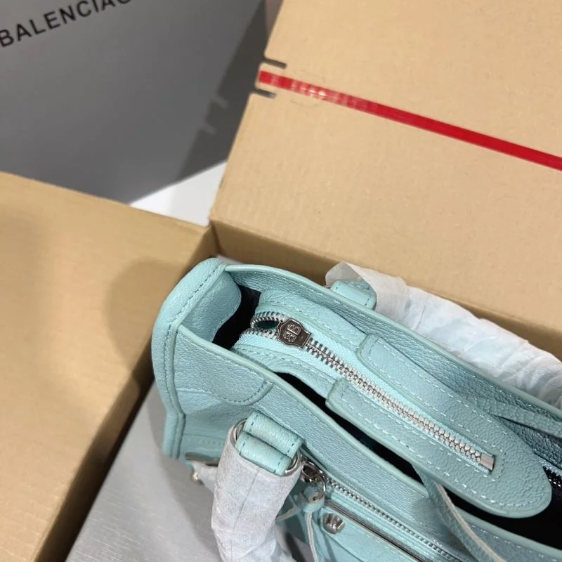 Genuine Balenciaga Lake Blue Goat Leather Motorcycle Bag with Mirror