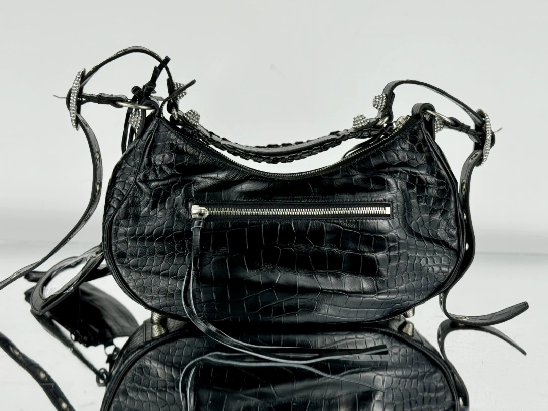 Affordable Balenciaga Le Cagole Crocodile-Embossed Half-Moon Bag