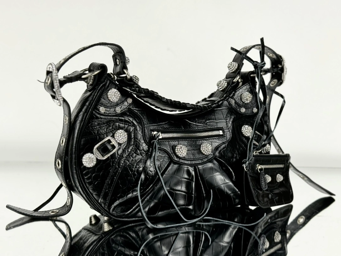 Affordable Balenciaga Le Cagole Crocodile-Embossed Half-Moon Bag