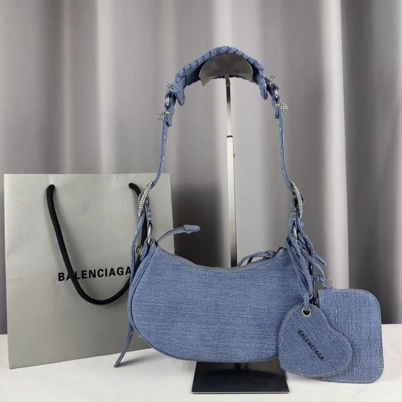 Genuine Balenciaga Le Cagole Dark Blue Denim Half-Moon Shoulder Bag