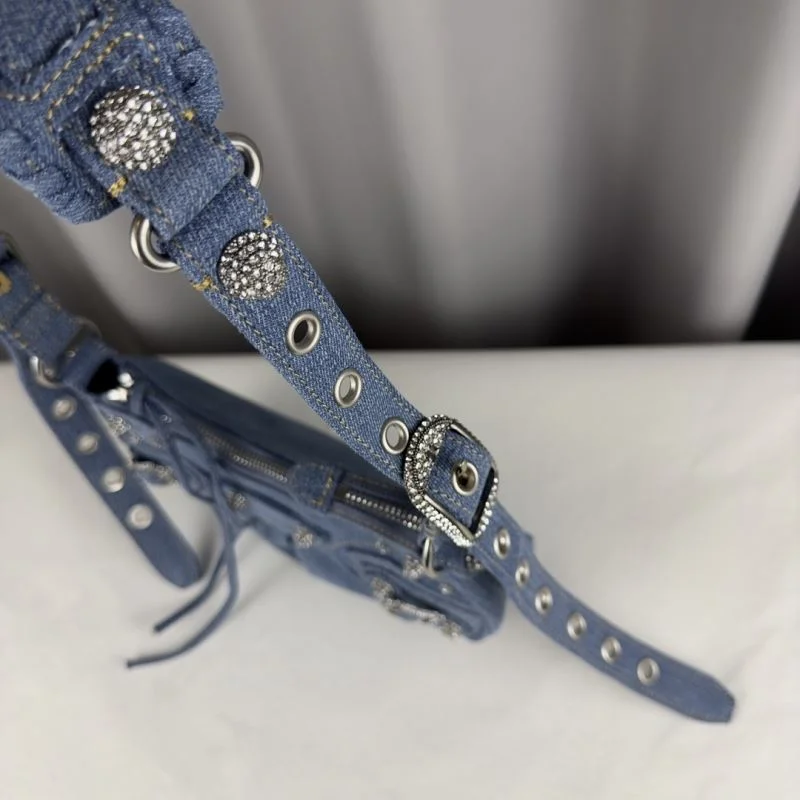 Genuine Balenciaga Le Cagole Dark Blue Denim Half-Moon Shoulder Bag