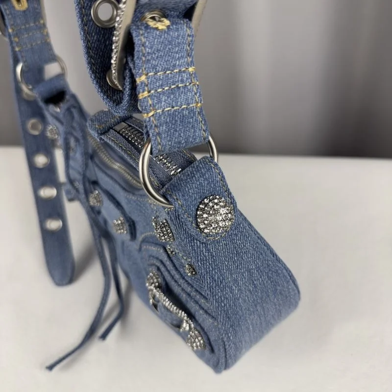 Genuine Balenciaga Le Cagole Dark Blue Denim Half-Moon Shoulder Bag