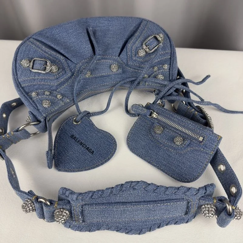 Genuine Balenciaga Le Cagole Dark Blue Denim Half-Moon Shoulder Bag